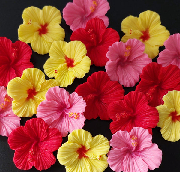 Tropical Hibiscus Fondant Flowers x 36 - Red, Yellow & Pink - Cake Candy NZ